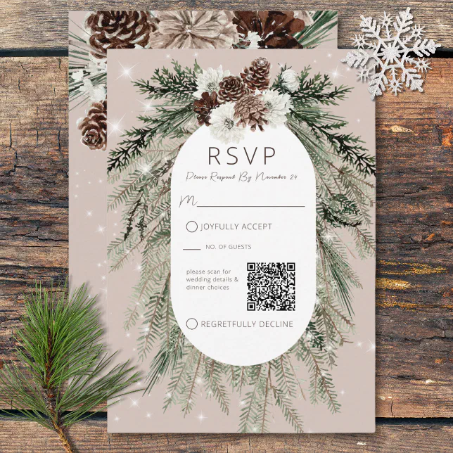 Boho Tan Pine Winter Sparkle QR Code RSVP Card | Zazzle