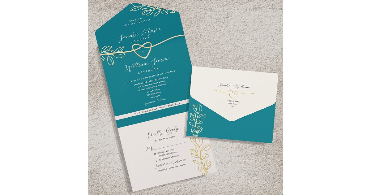Boho Teal Wedding All In One Invitation | Zazzle