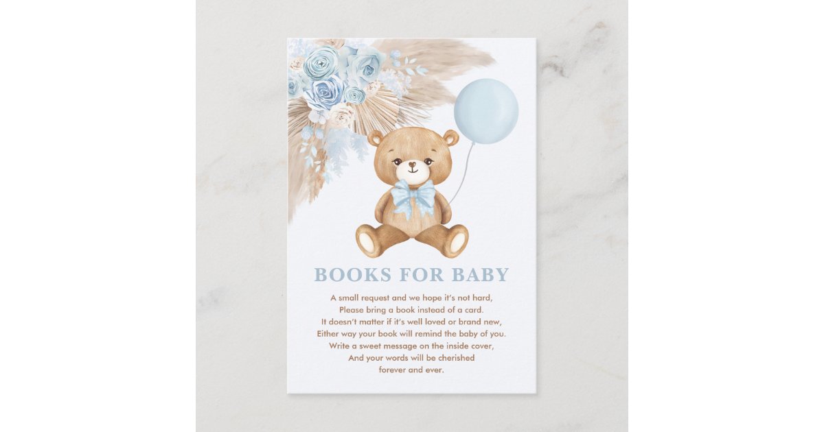 Boho Teddy Bear Blue Balloon Books for Baby Boy Enclosure Card | Zazzle