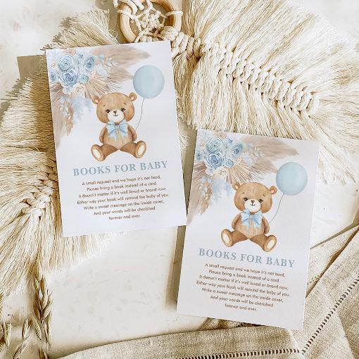 Boho Teddy Bear Blue Balloon Books for Baby Boy Enclosure Card | Zazzle