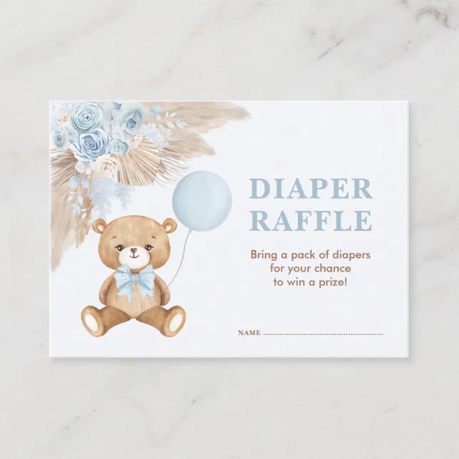 Boho Teddy Bear Blue Balloon Diaper Raffle Enclosure Card | Zazzle