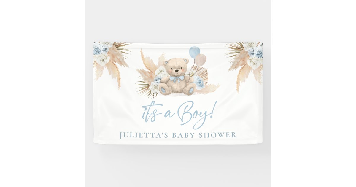 Boho Teddy Bear Boy Blue Baby Shower Welcome Banner | Zazzle