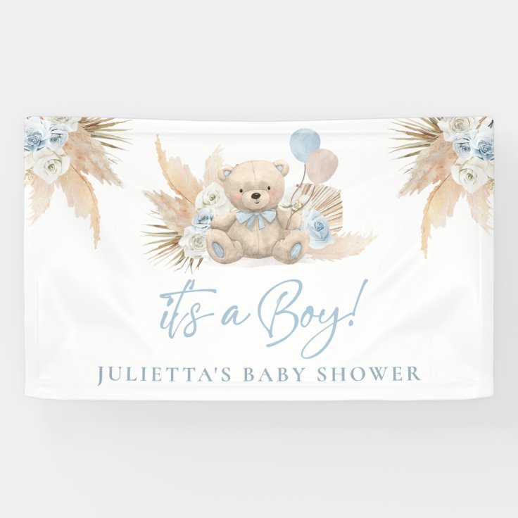 Boho Teddy Bear Boy Blue Baby Shower Welcome Banner | Zazzle