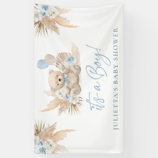 Boho Teddy Bear Boy Blue Baby Shower Welcome Banner | Zazzle