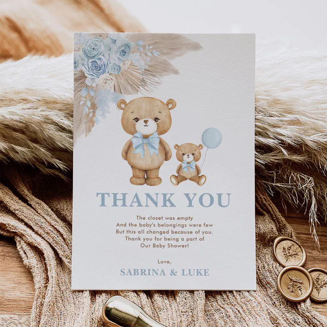 Boho Teddy Bear Dusty Blue Floral Baby Boy Thank You Card | Zazzle