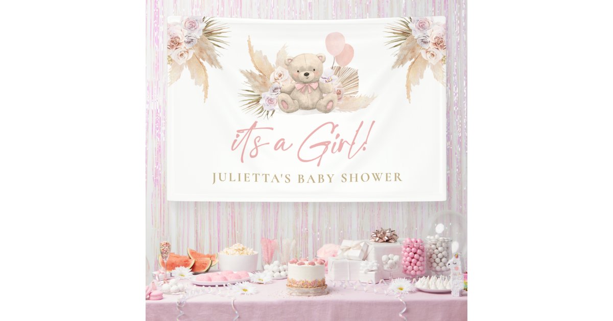 Boho Teddy Bear Girl Pink Baby Shower Welcome Banner | Zazzle