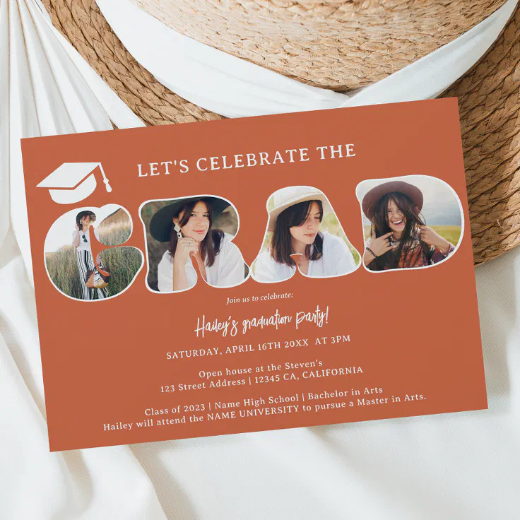 Boho terracotta 3 photos script graduation invitation | Zazzle