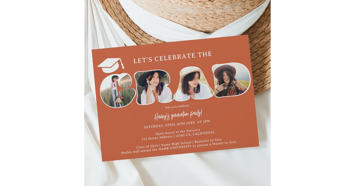 Boho terracotta 3 photos script graduation invitation | Zazzle