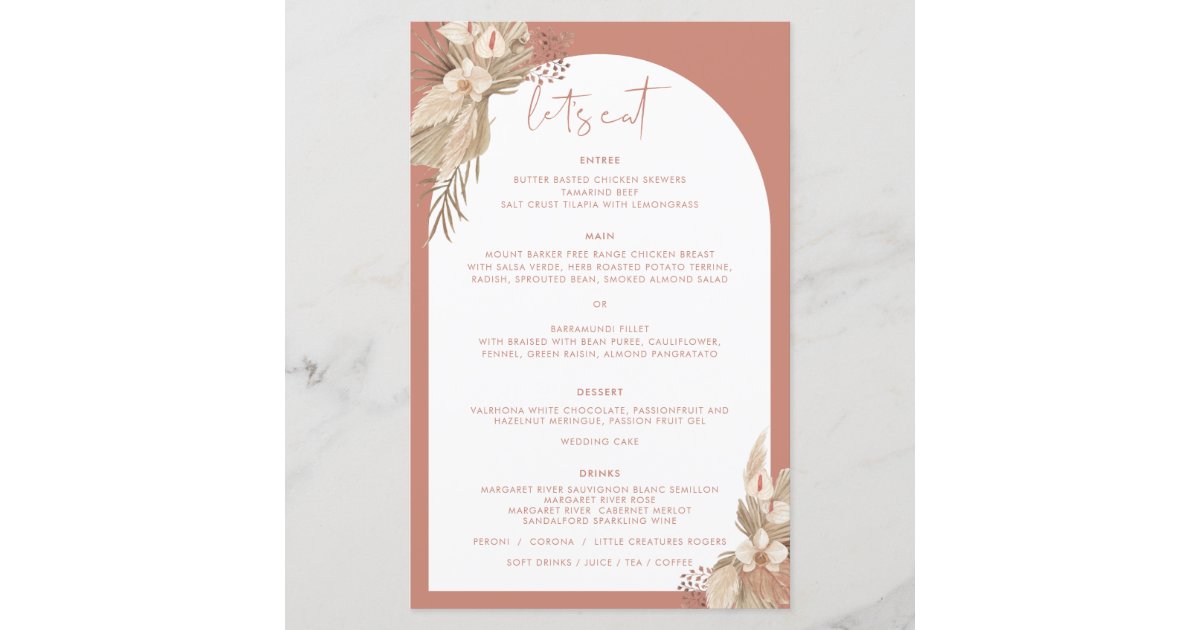 Boho Terracotta Arch Pampas Grass Menu | Zazzle
