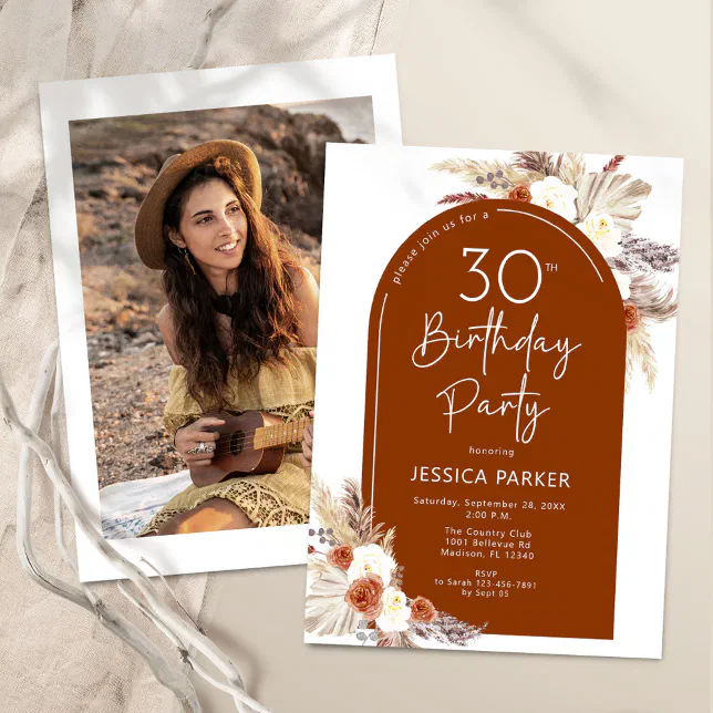 Boho Terracotta Arch Photo 30th Birthday Invitation | Zazzle