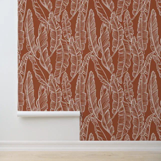 Boho Terracotta Banana Leaves Print Wallpaper | Zazzle