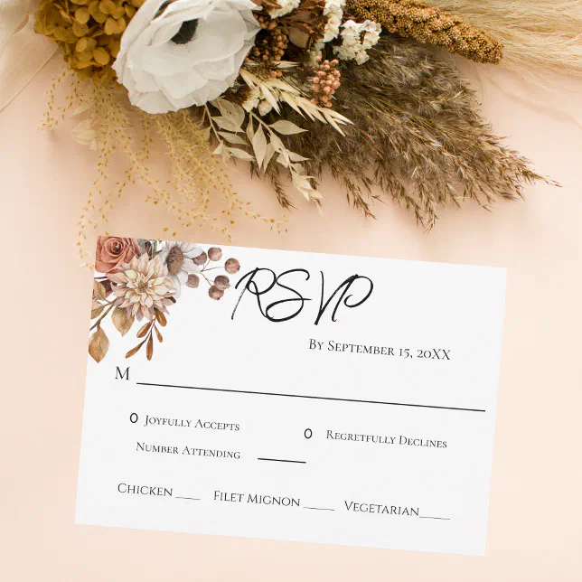 Boho Terracotta Brown Floral Entree Wedding RSVP Card | Zazzle