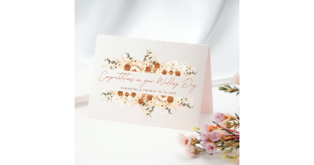 Boho Terracotta Floral Wedding Congratulation Card | Zazzle