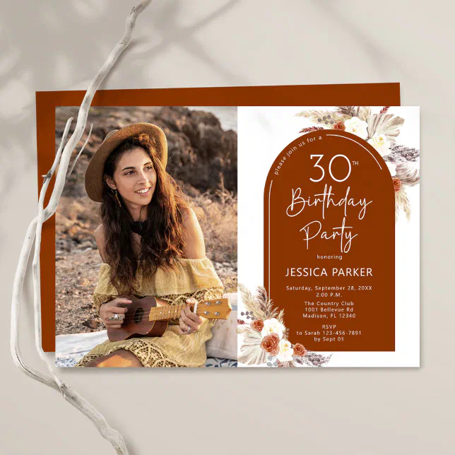 Boho Terracotta Photo 30th Birthday Invitation | Zazzle