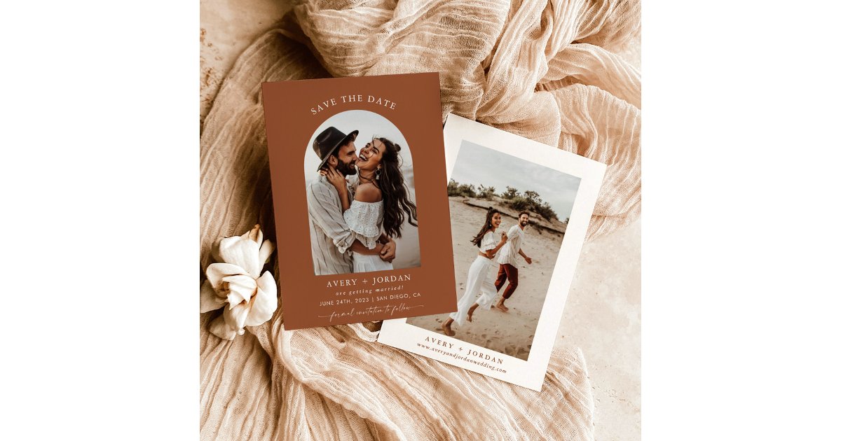 Boho Terracotta Photo Save The Dates Cards | Zazzle