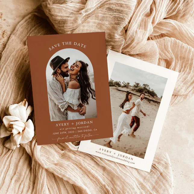 Boho Terracotta Photo Save The Dates Cards | Zazzle