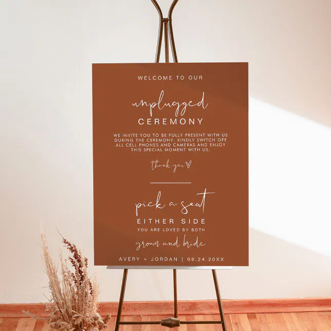 Boho Terracotta Pick a Seat Unplugged Welcome Sign | Zazzle