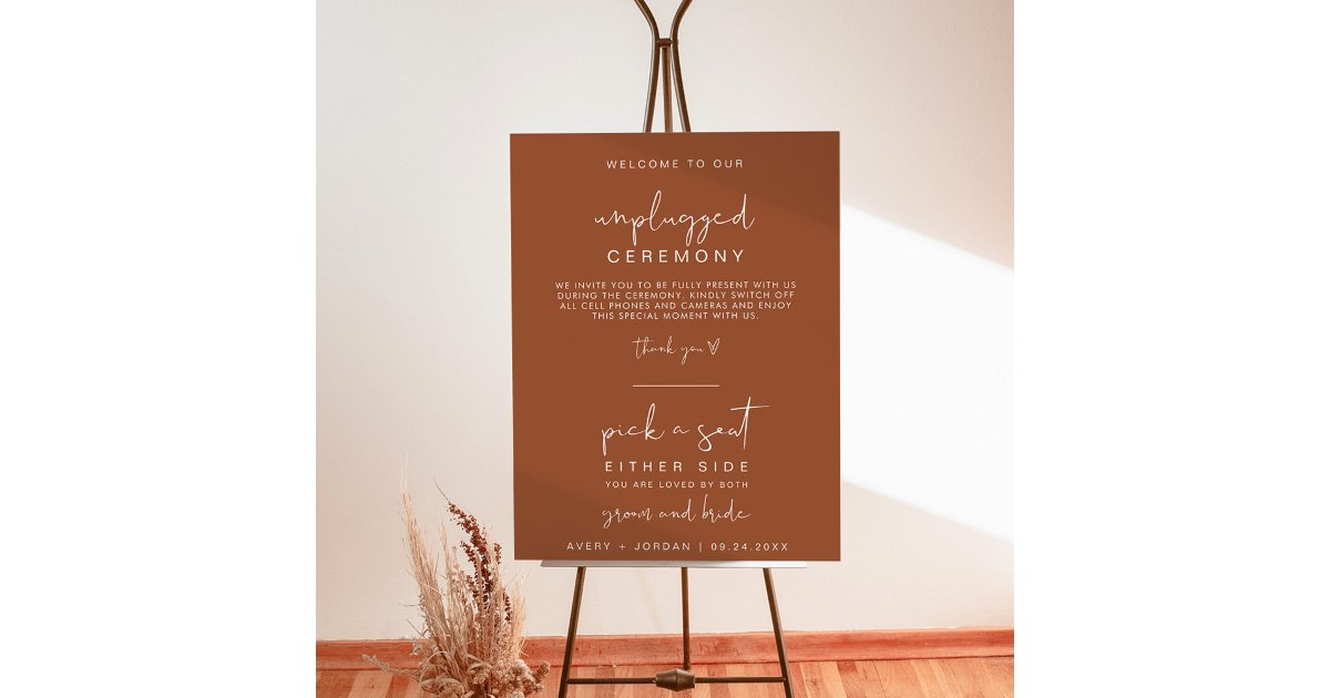 Boho Terracotta Pick a Seat Unplugged Welcome Sign | Zazzle