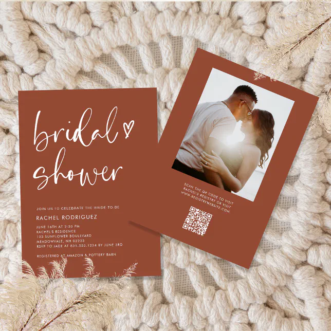 Boho Terracotta QR Code Script Bridal Shower Invitation | Zazzle