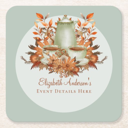 Boho Terracotta Sage Tea Party Floral Event Dinner Square Paper Coaster ...