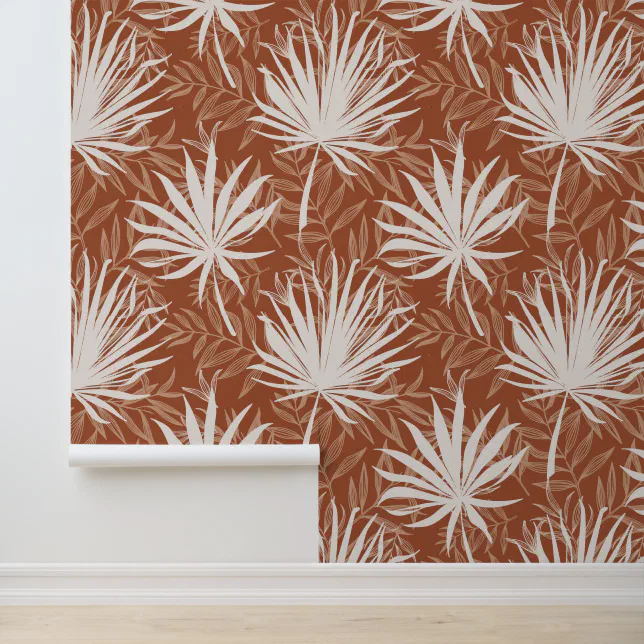 Boho Terracotta White Palm Leaf Print Pattern Wallpaper | Zazzle