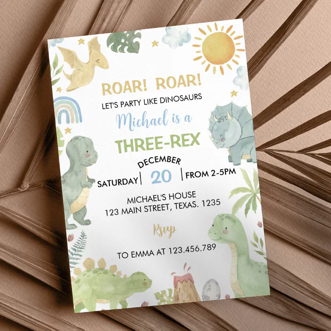 Boho Three-Rex Dinosaurs Birthday Party Invitation | Zazzle