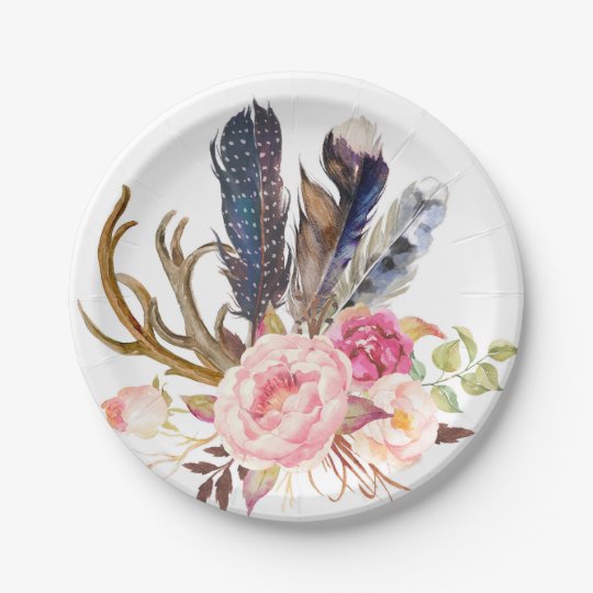 Boho Tribal Chic Feathers and Roses Paper Plate | Zazzle.com
