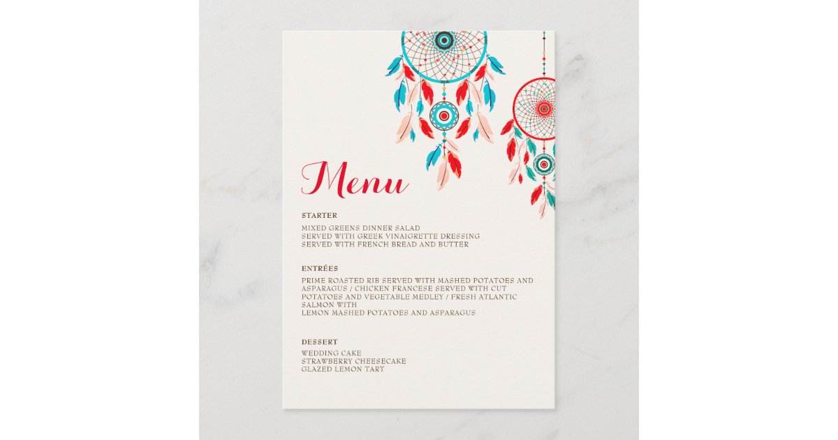 Boho Tribal feather Dreamcatcher Wedding Menu | Zazzle