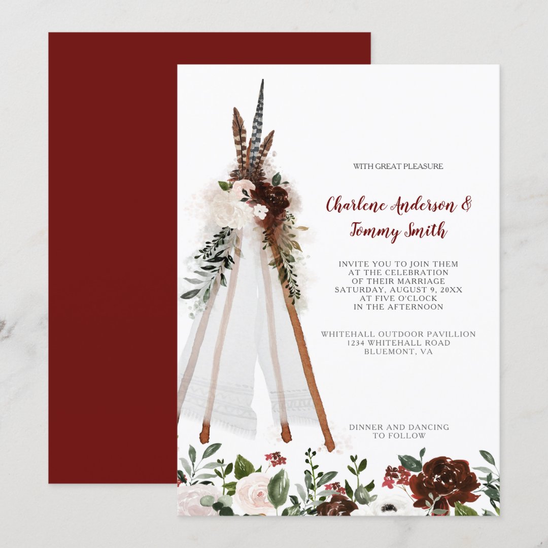 Boho Tribal Feathers Floral Bouquet Teepee Wedding Invitation | Zazzle