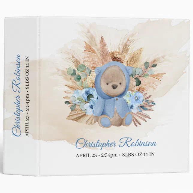 Boho tropical pampas boy teddy bear baby shower 3 ring binder | Zazzle