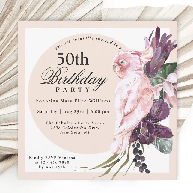 Boho Tropical Pink Parrot Floral 50th Birthday Invitation | Zazzle