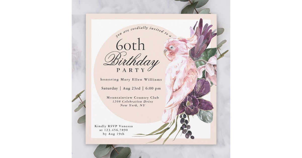 Boho Tropical Pink Parrot Floral 60th Birthday Invitation | Zazzle