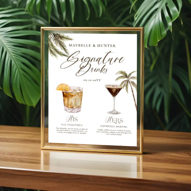 Boho Tropical Watercolor Signature Drinks Wedding Poster | Zazzle