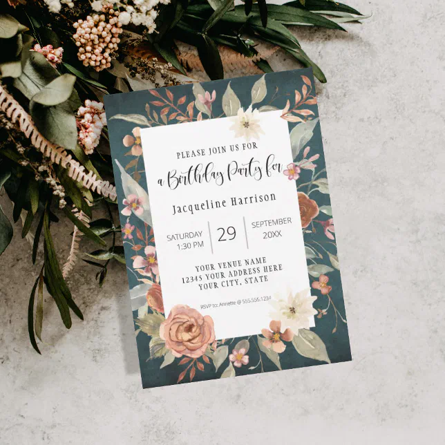 BOHO Turquoise Fall Autumn Floral Birthday Party Invitation | Zazzle