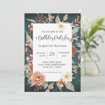 BOHO Turquoise Fall Autumn Floral Birthday Party Invitation | Zazzle