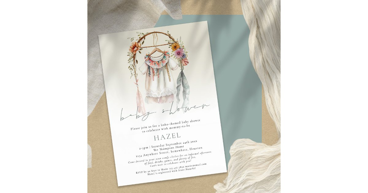 Boho Vintage Clothes Script Bohemian Baby Shower Invitation | Zazzle