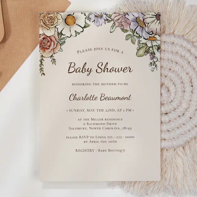 Boho Vintage Floral Gender Neutral Baby Shower Invitation | Zazzle