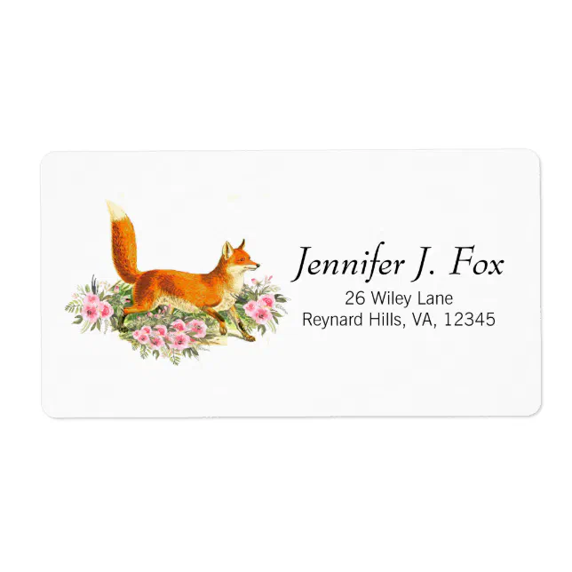 Boho Vintage Red Fox Pink Floral Roses Label | Zazzle