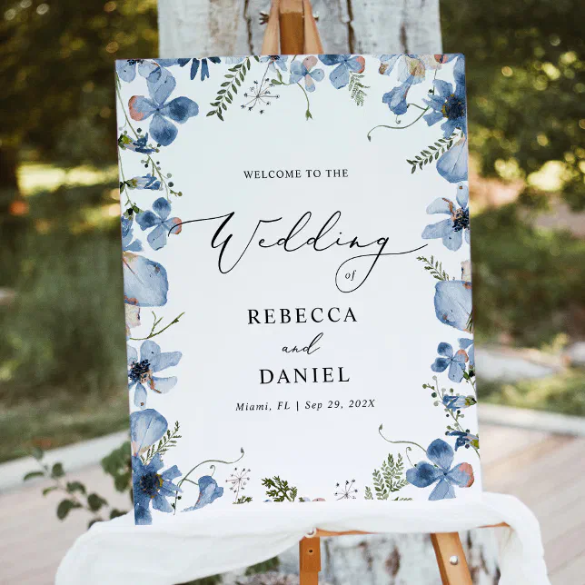 Boho Watercolor Blue Wedding Welcome Sign | Zazzle