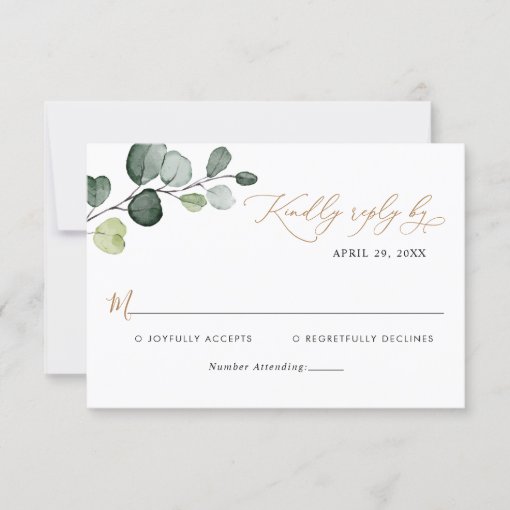 Boho Watercolor Eucalyptus Greenery Gold Wedding RSVP Card | Zazzle