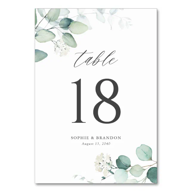 Boho Watercolor Eucalyptus Leaves Greenery Wedding Table Number | Zazzle