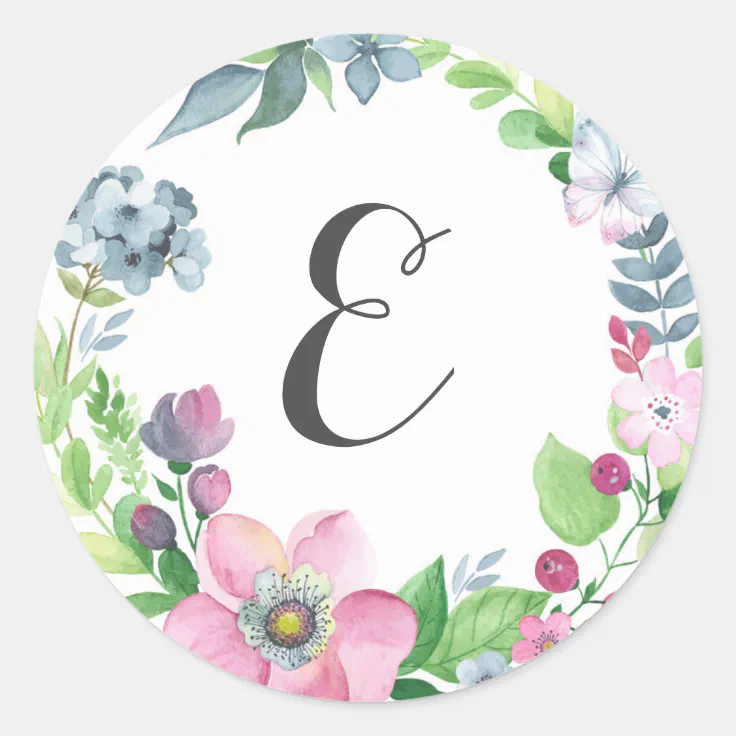 Boho Watercolor Floral & Butterfly | Monogram Classic Round Sticker ...