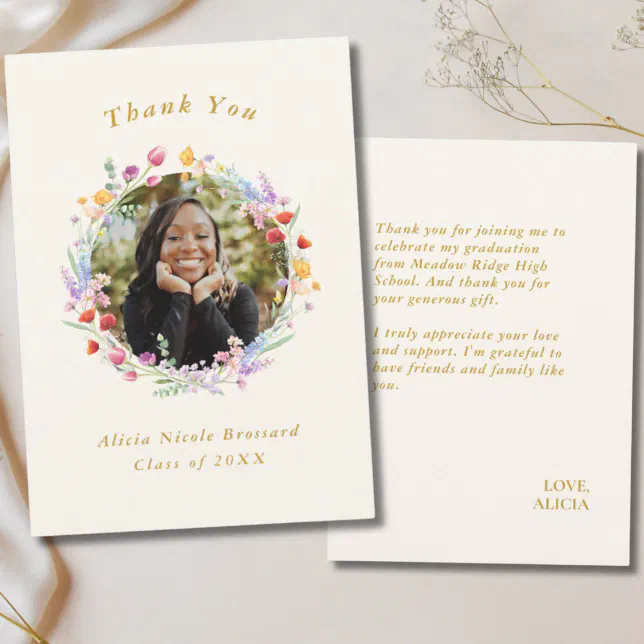 Boho Watercolor Floral Graduation Photo Flat Thank You Card | Zazzle