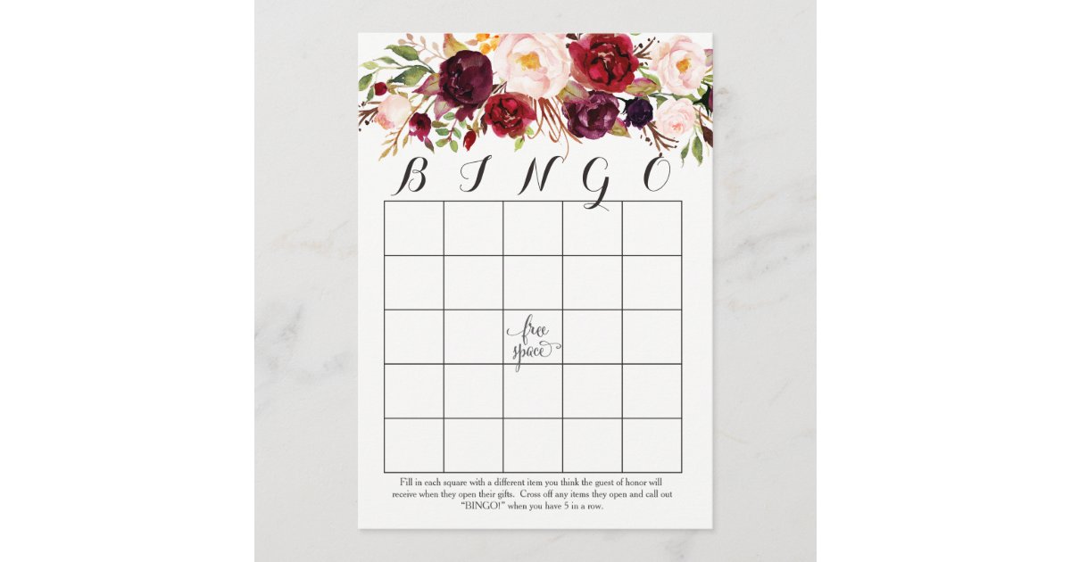 boho watercolor flowers Shower Bingo Cards Marsala | Zazzle.com