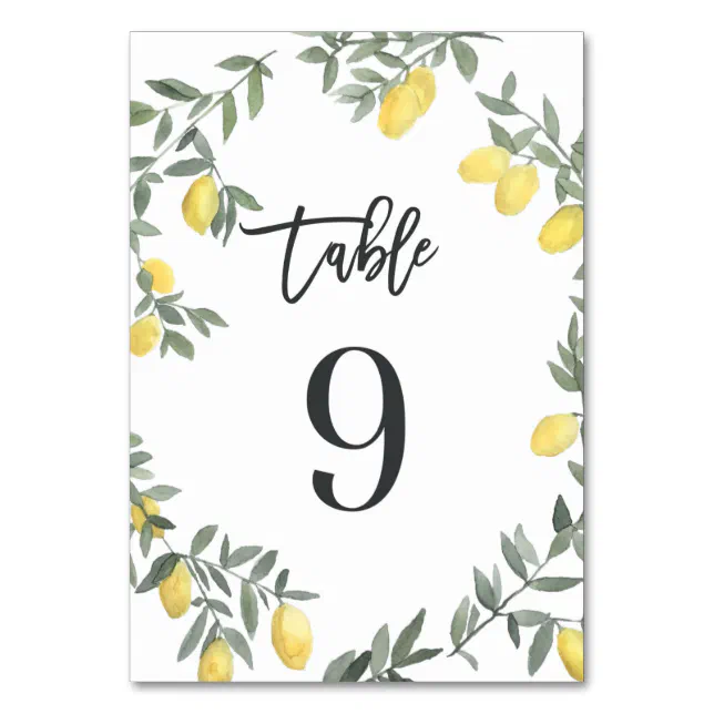 Boho Watercolor Lemon Wreath Table 9 Table Number | Zazzle