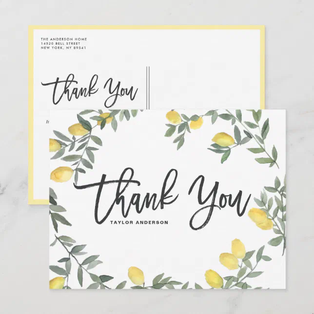 Boho Watercolor Lemon Wreath Thank You Postcard | Zazzle