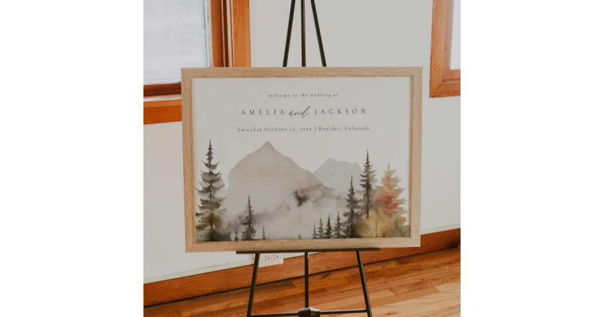Boho Watercolor Mountain Wedding Welcome Sign | Zazzle