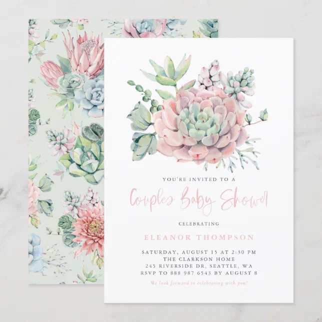Boho Watercolor Pink Pastel Succulents Baby Shower Invitation | Zazzle