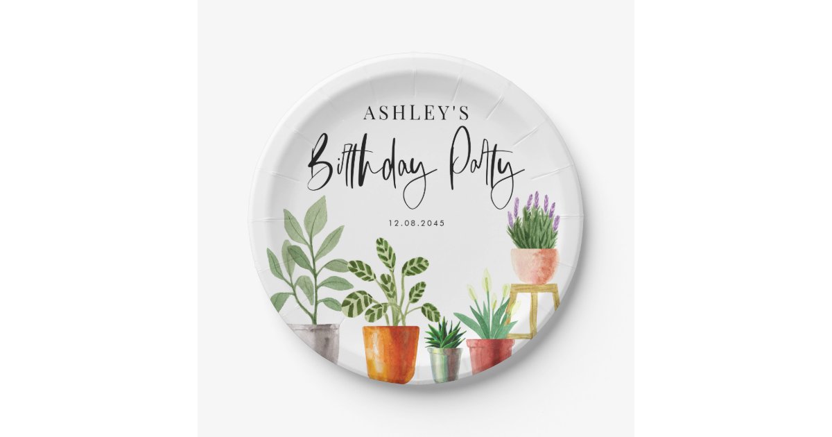 Boho Watercolor Potted Houseplants Birthday Party Paper Plates | Zazzle