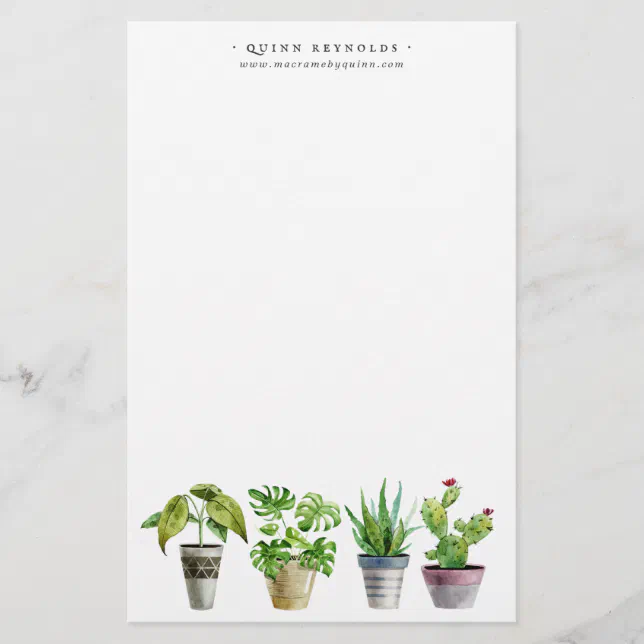 Boho Watercolor Potted Plant | Monogram Stationery | Zazzle